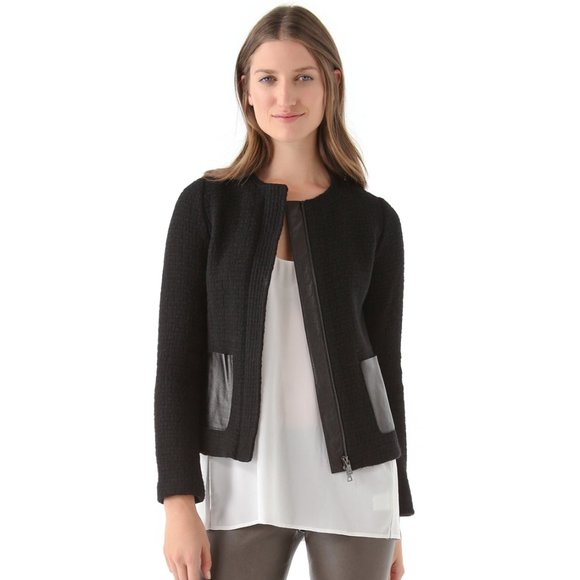 Vince | Jackets & Coats | Vince Weave Black Wool Zipper Leather Trim ...